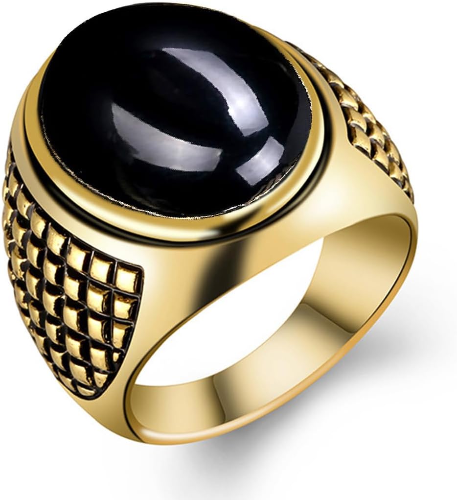 Amazon.com: HAIXIAN Gold Oval Black Obsidian Stone Wide Band Ring for ...