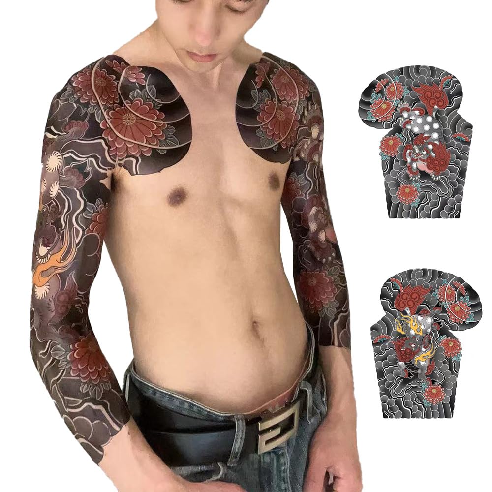 Amazon.co.jp: タトゥーシール 肩 大判 青シール 和彫り 長持ち 入れ墨シール 腕 ボディーシール タトゥーステッカー 和柄 おしゃれ リアル 簡単貼る かっこいい (麒麟（左右 ...
