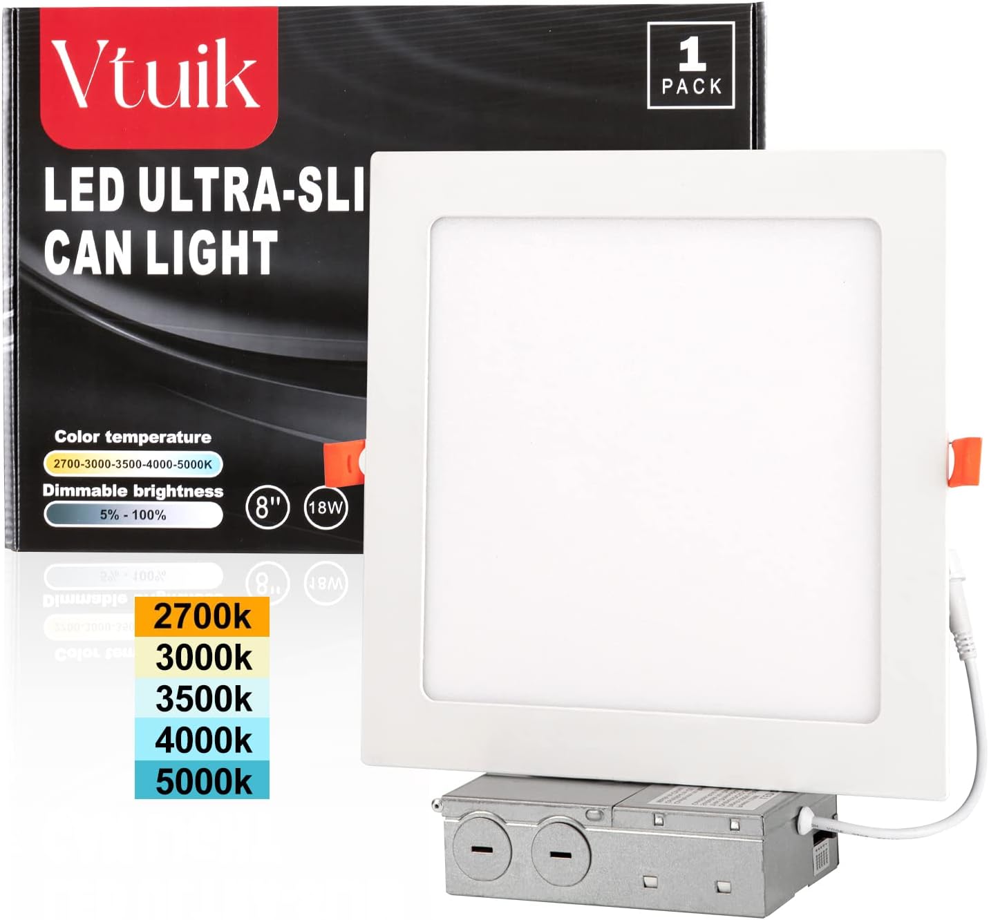Vtuik 8 Inch Square LED Recessed Ceiling Light, Dimmable Canless Wafer ...