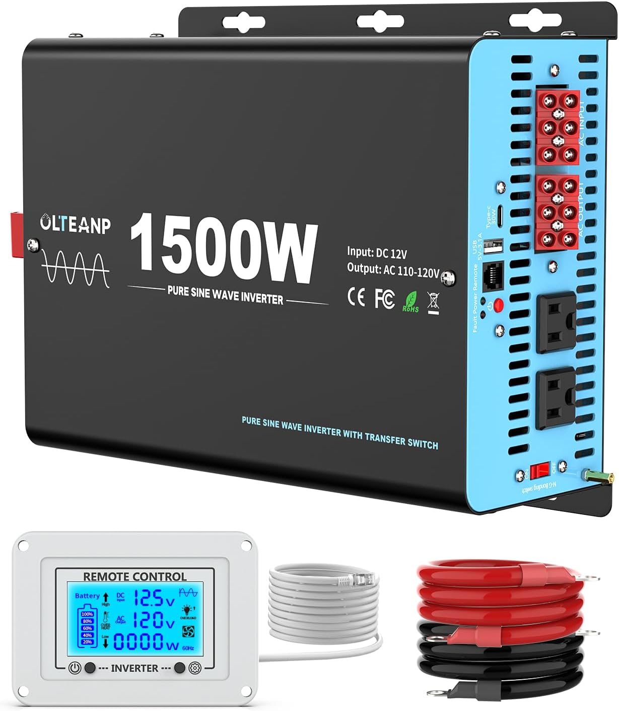 Amazon.com: 1500W Pure Sine Wave Inverter with Transfer Switch, 12V DC ...