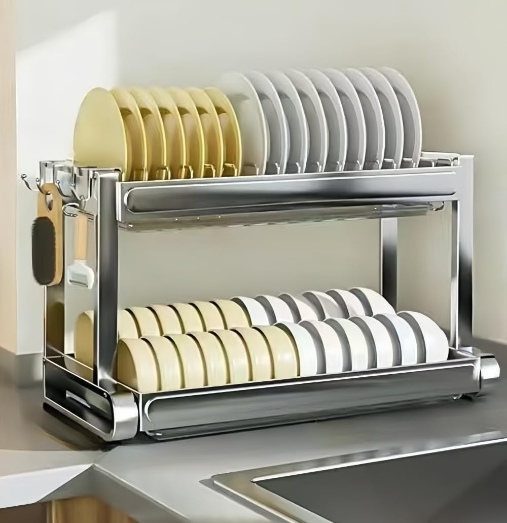 Amazon｜304ステンレス製 水切りラック 2/3段式 食器 水切りかご ディッシュラック 水切りかご キッチン収納ラック 大容量 包丁スタンド まな板ラック 箸立て付き 滑り止め ...
