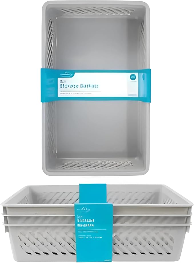 ADEPTNA Set of 3 Grey Plastic Storage Baskets – 26.5cm x 17cm x 6cm ...