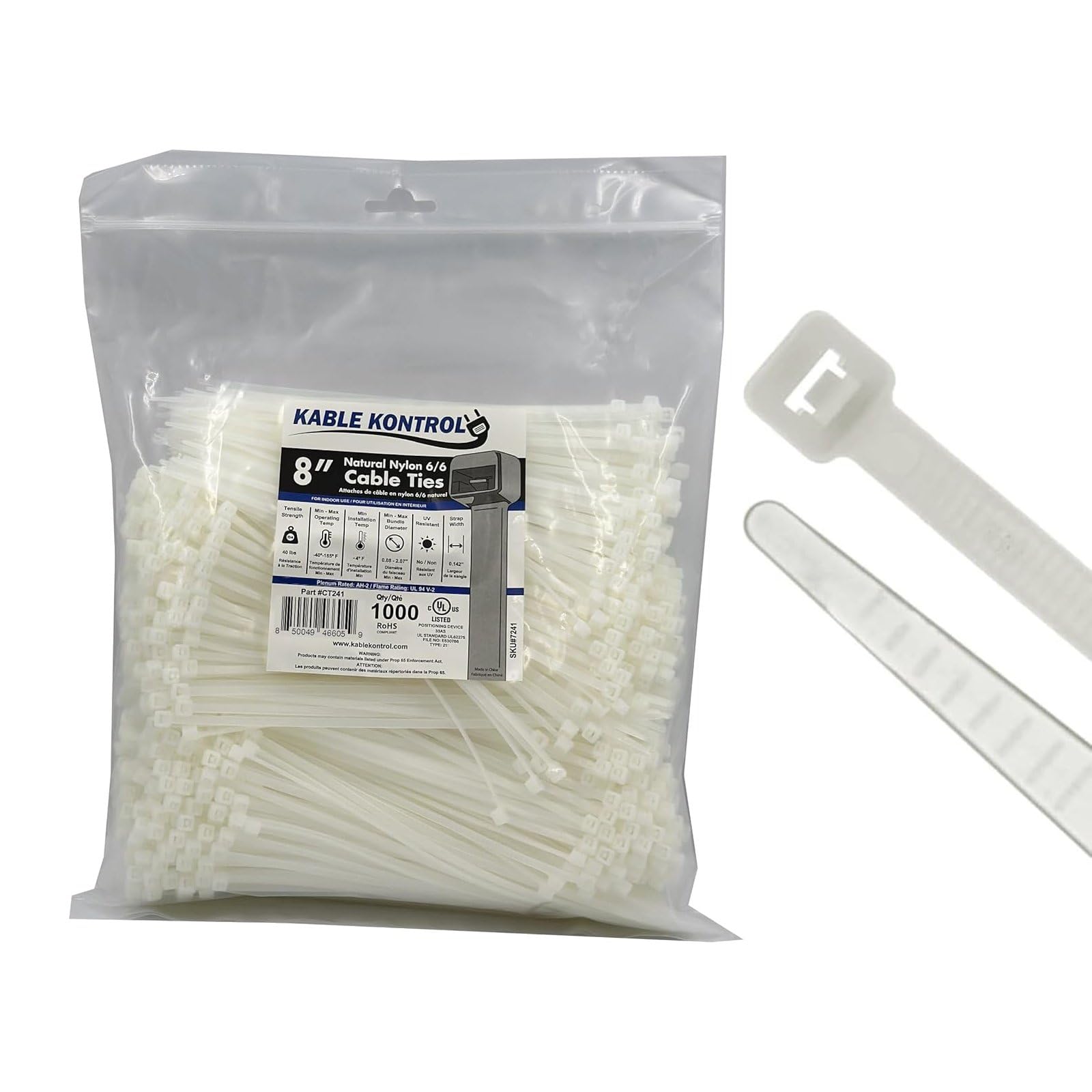 Amazon.com: Kable Kontrol Cable Zip Ties Natural White 1000 Pcs 8 Inch ...