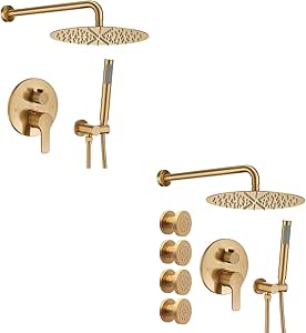 Iriber Brushed Gold Round Shower System with 4 PCS Body Jets Shower Faucet Set Contain 12 Inch ...