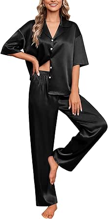 Ekouaer Silk Satin Pajamas Set Women Short Sleeve Pj Sets Button Down Sleepwear 2 Piece Soft ...