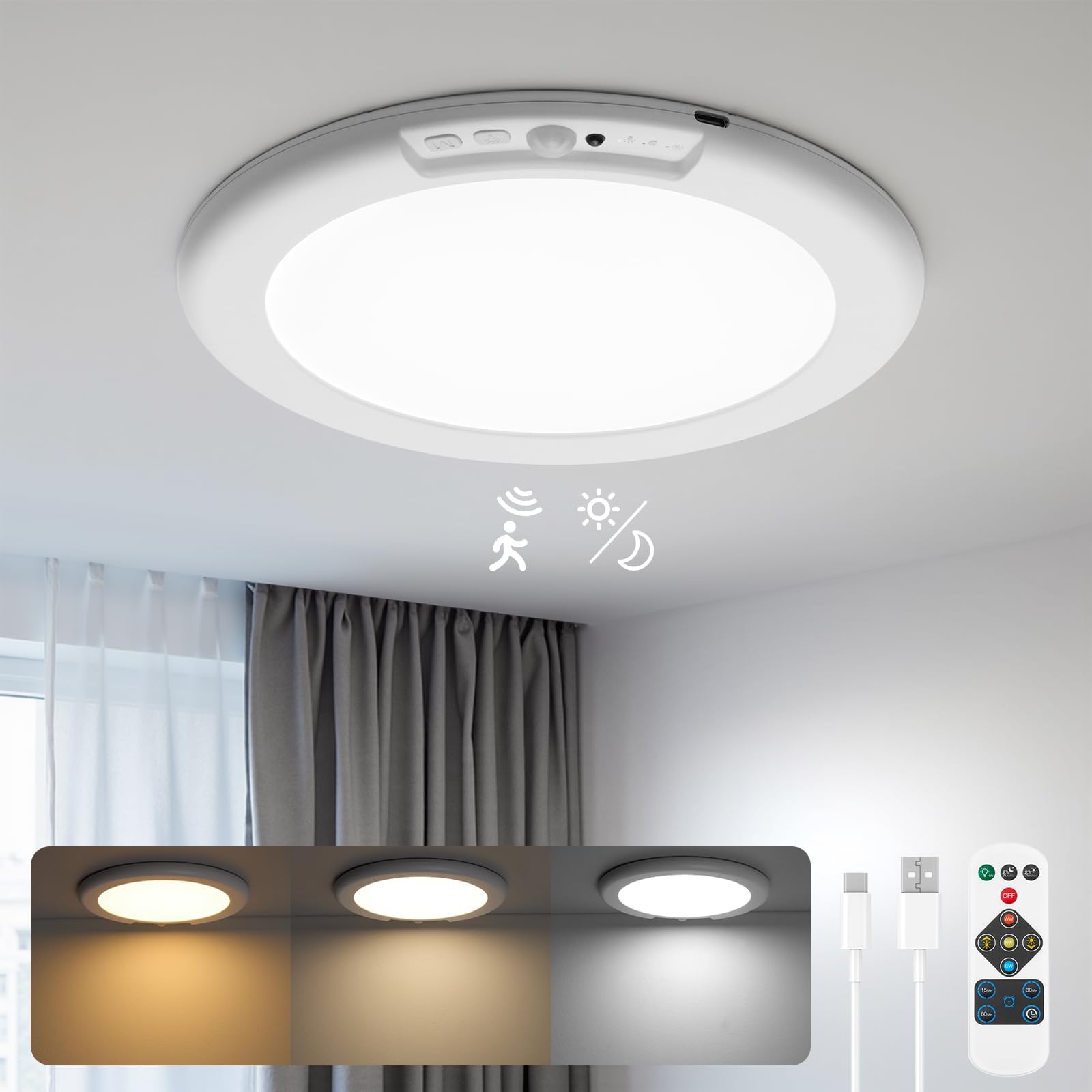wowatt Battery Operated Ceiling Light Rechargeable Motion Sensor Light ...
