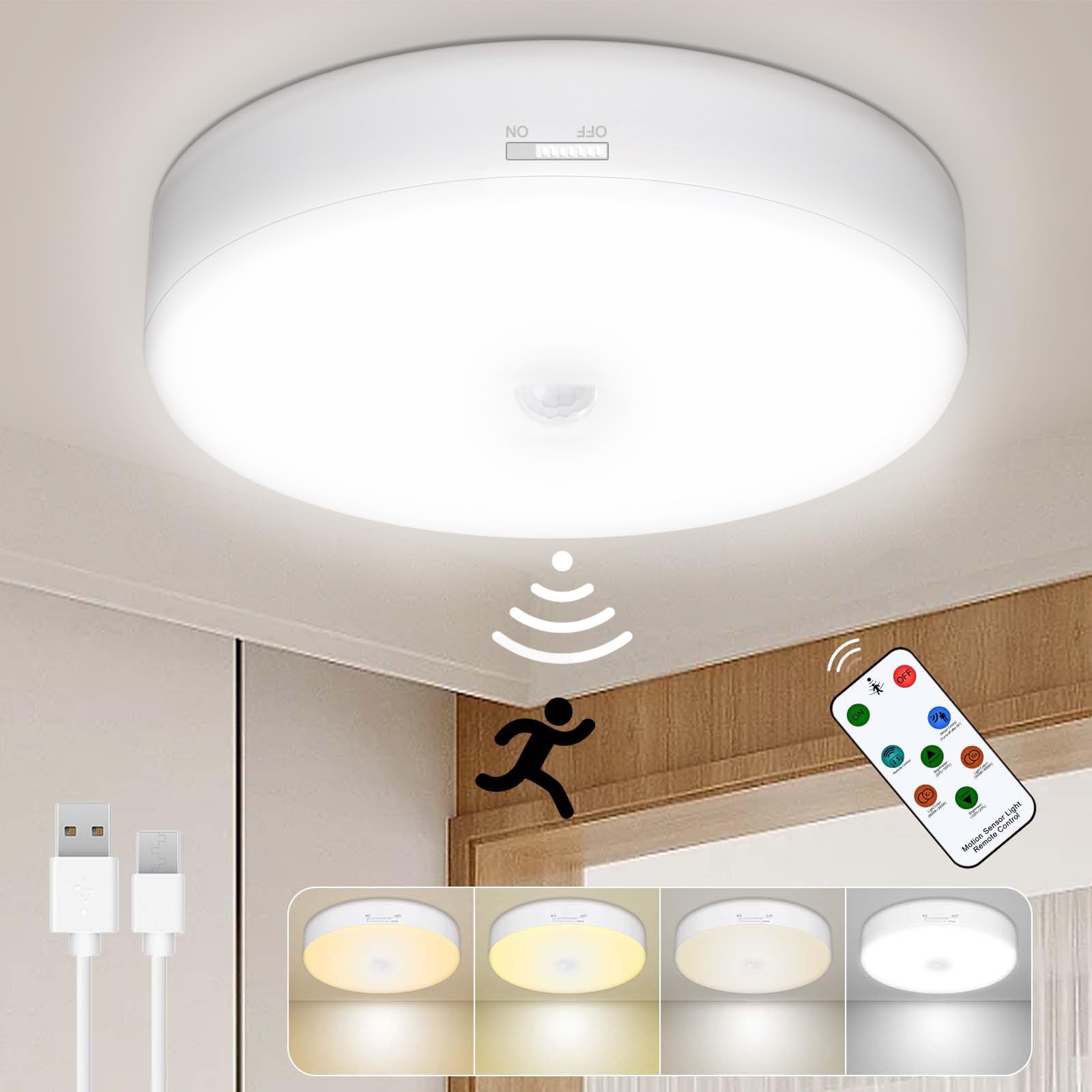Toowell Motion Sensor Lights Indoor Rechargeable Battery Ceiling Light ...