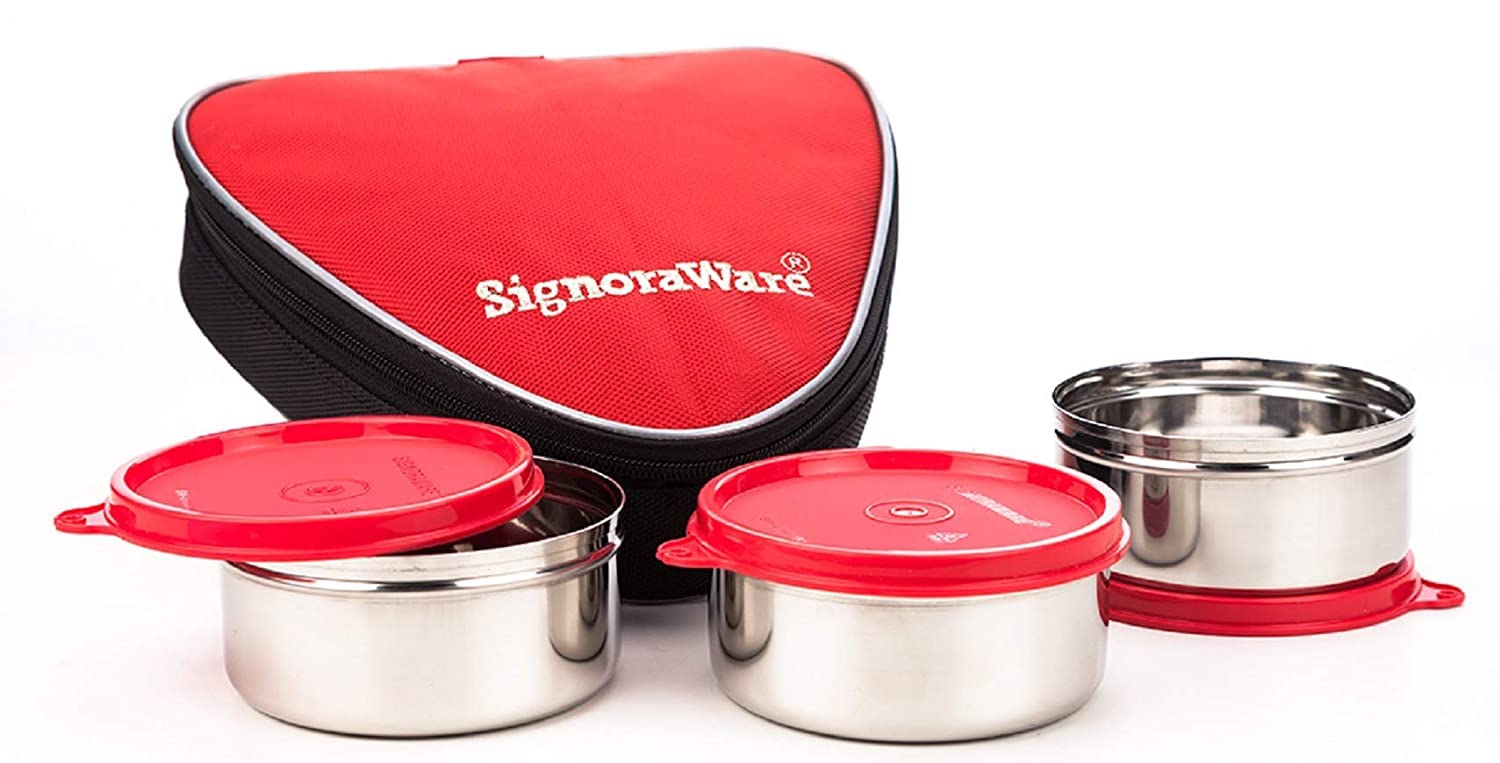 Buy Signoraware Stainless Steel Sleek Steel Lunch Box (Red) - Set of 3 ...