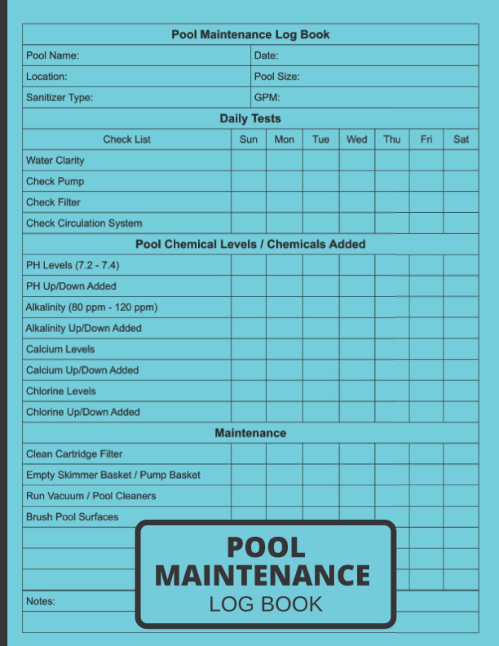 Pool Maintenance Log Book: A Swimming Pool Checklist for Keeping Track ...