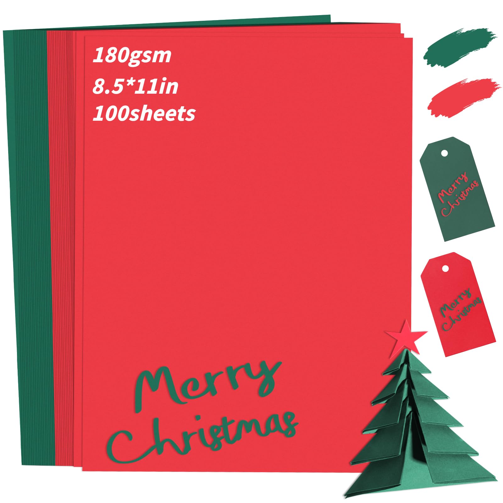 Amazon.com : 100 Sheets Christmas Red Green Card Stock 8.5 x 11in ...