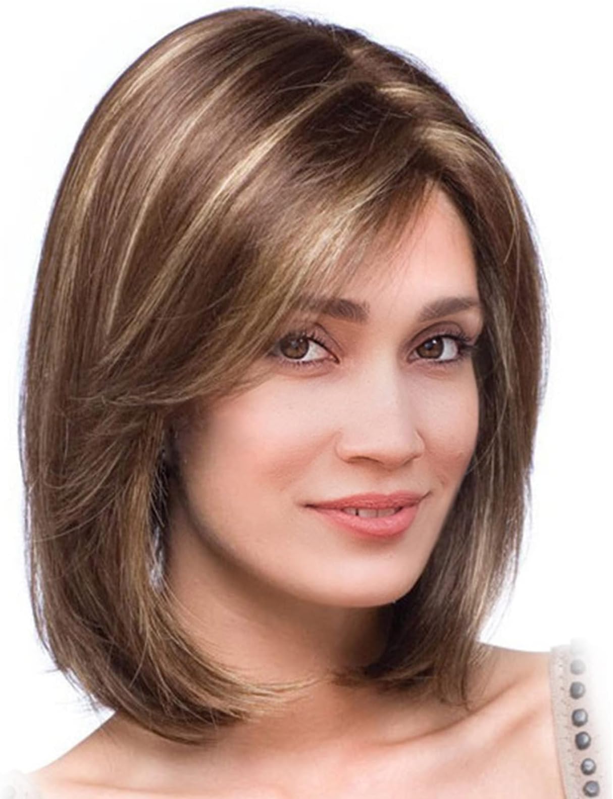 Amazon.com : RENERSHOW Medium Length Bob Wig with Bangs for White Women ...