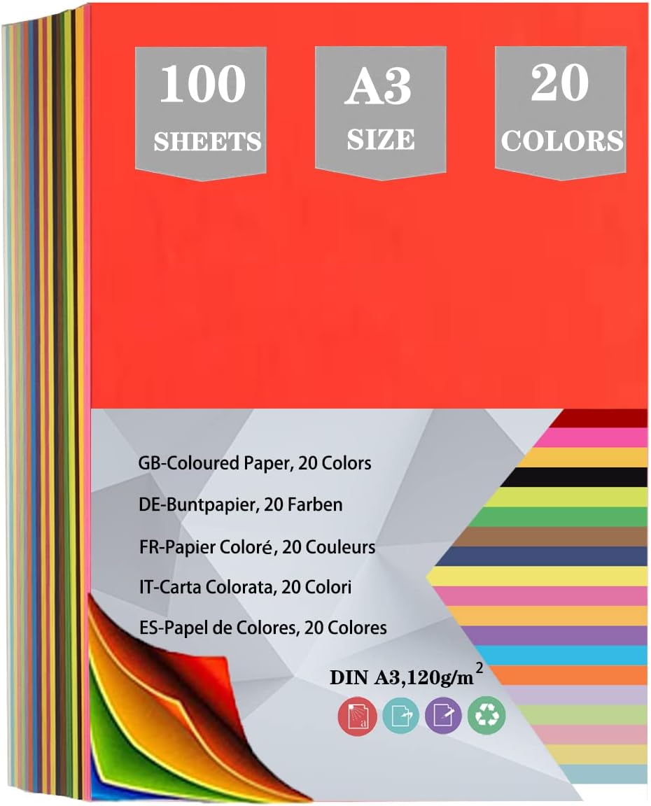 100 Sheets Coloured Paper, A3 Coloured Card Origami Paper Double Sided ...