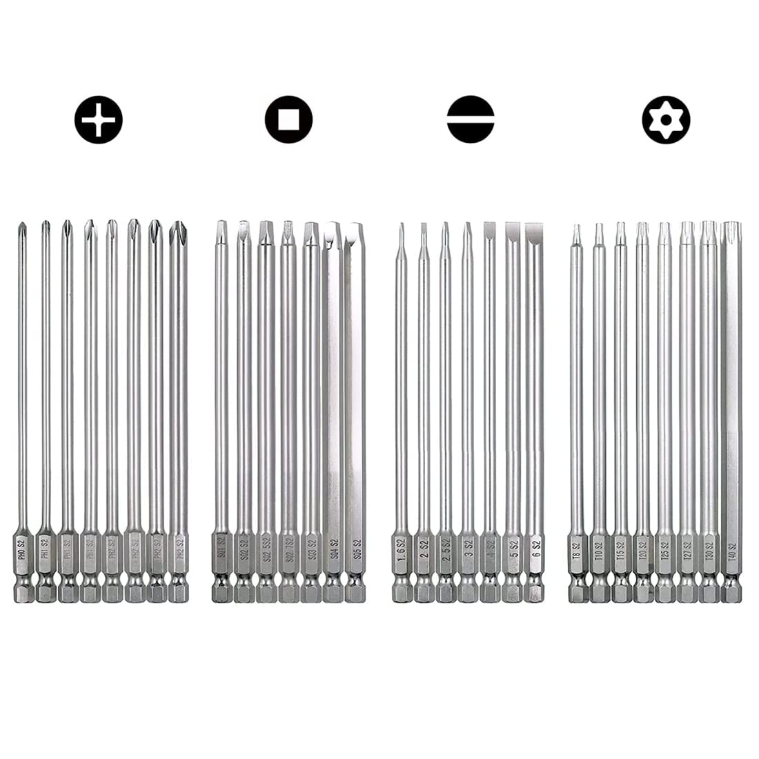 SeonFook 30pcs 100mm Long Screwdriver Drive Bits Magnetic Drill Bit Set ...