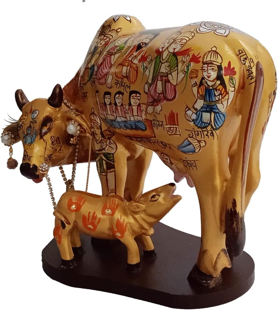 Purpledip Resin Idol Kamdhenu Wish Cow & Calf: Hindu Gods Painted Good ...