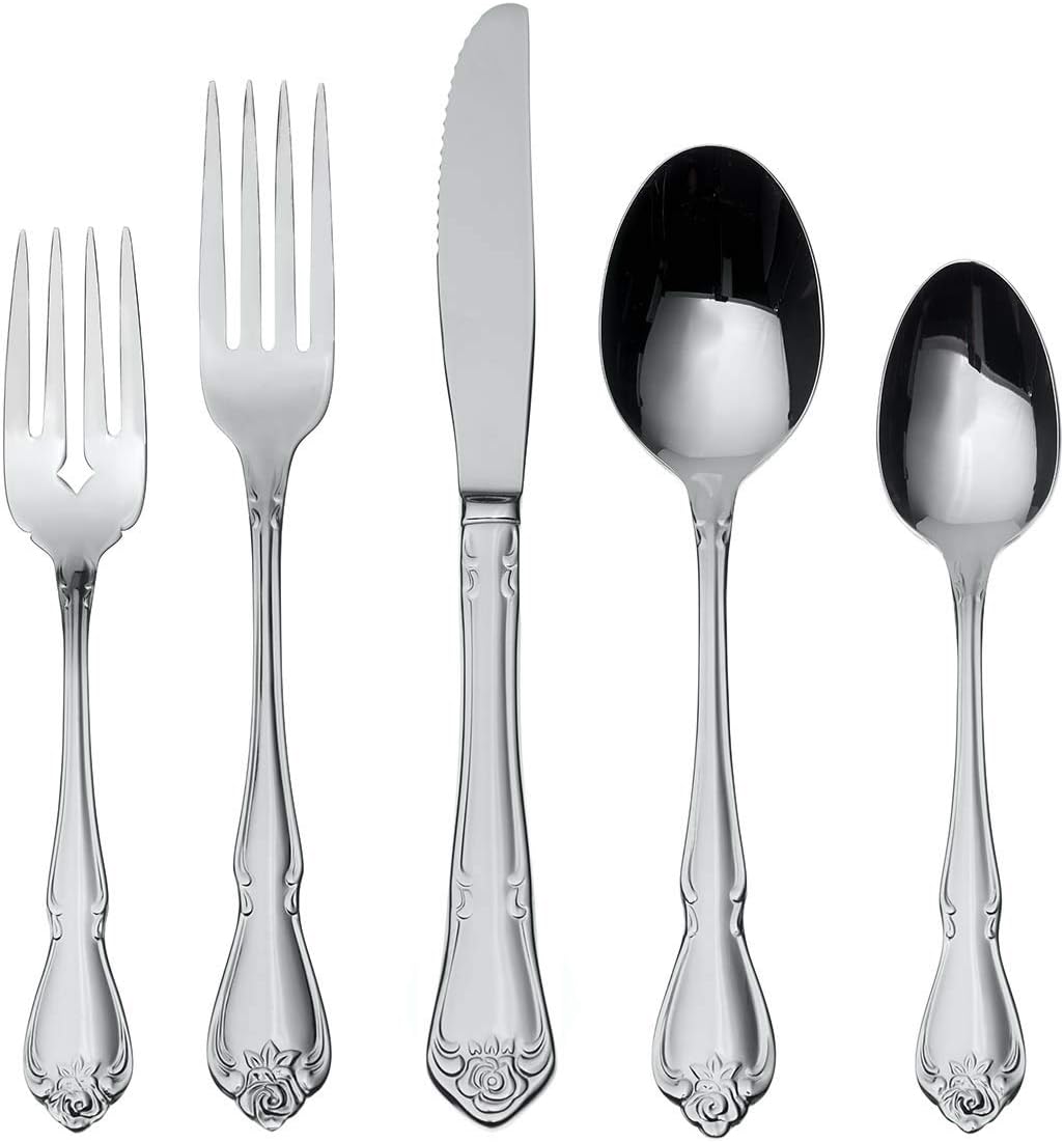 Oneida True Rose 45 Piece Everyday Flatware, Service for 8, 18/0 Stainless Steel, Silverware Set ...