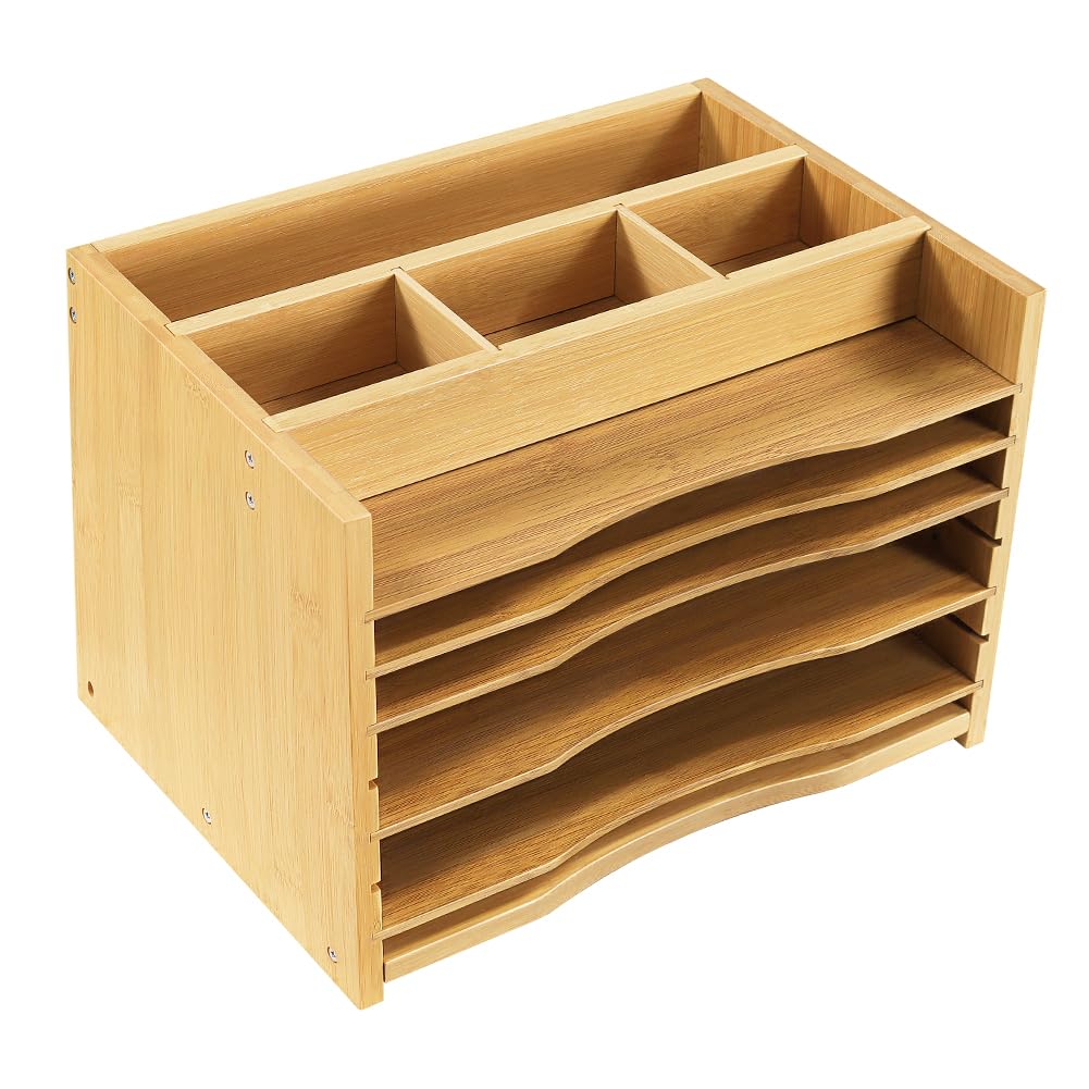WKWKER 5-Tiers Bamboo File Organizer with 4 Adjustable Shelves Desktop ...