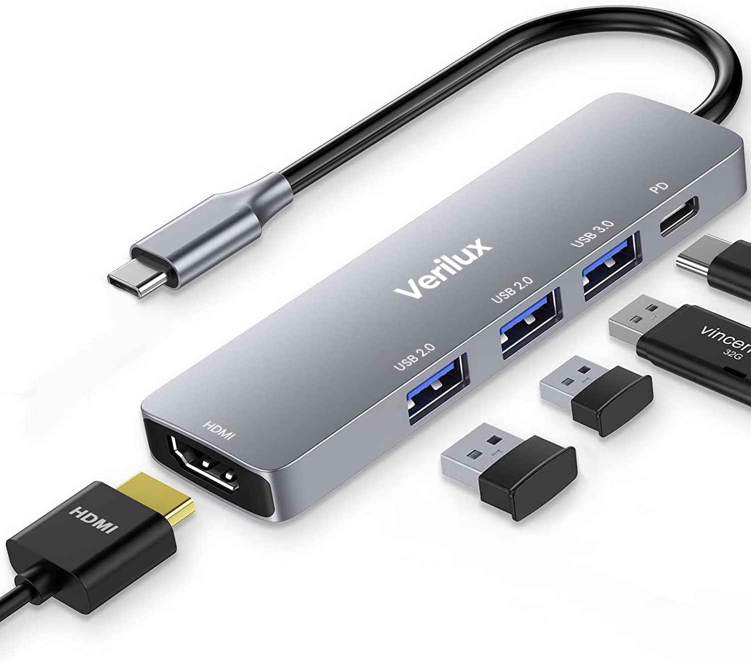 Verilux® USB C Hub,5 in 1 Type C Hub Portable Aluminum Multiport USB ...