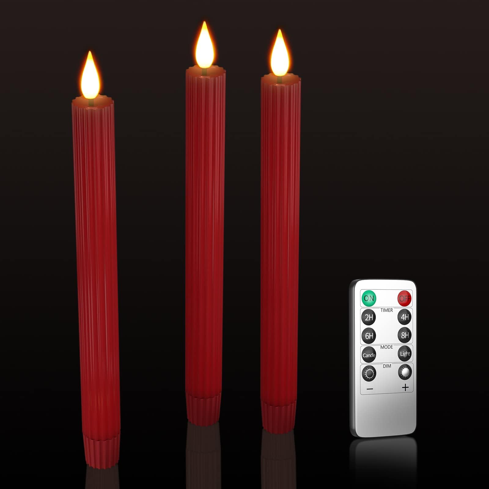 PChero Red LED Taper Candles with Remote Timer, 3pcs Real Wax Flameless ...