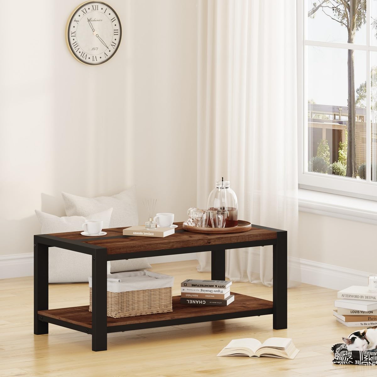BON AUGURE Coffee Table for Living Room, Industrial Wood and Metal ...