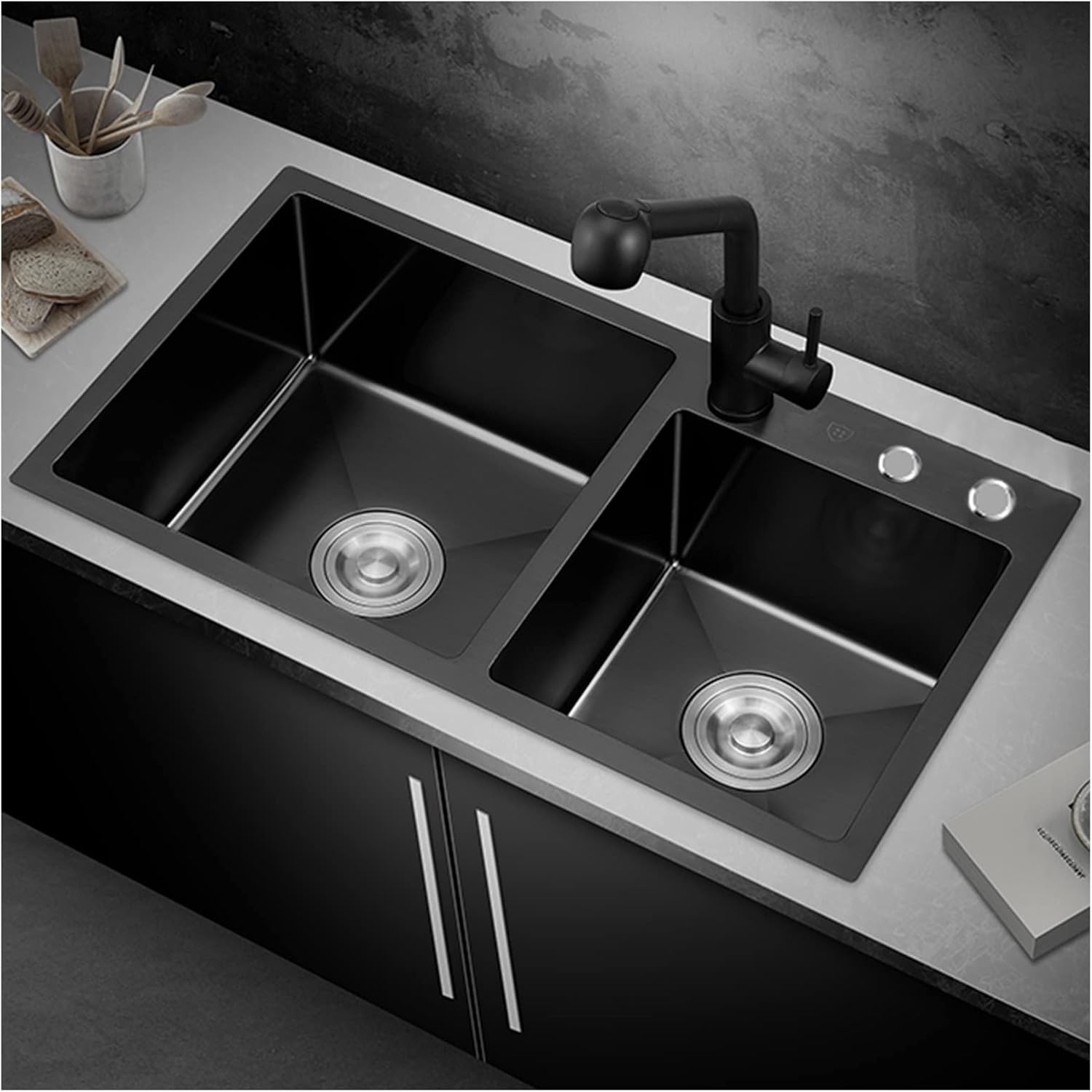 BEdaw Dobbelt håndvask køkkenvask, 304 rustfrit stål, sort nano barvask ...