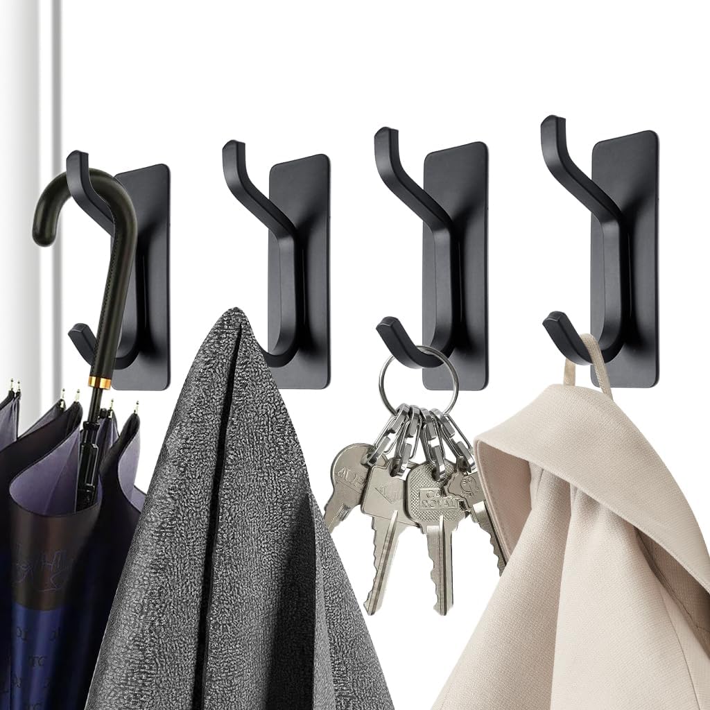 ZGTS Adhesive Hooks 4 Pack Black Sticky Hooks Extra Strong Stainless ...