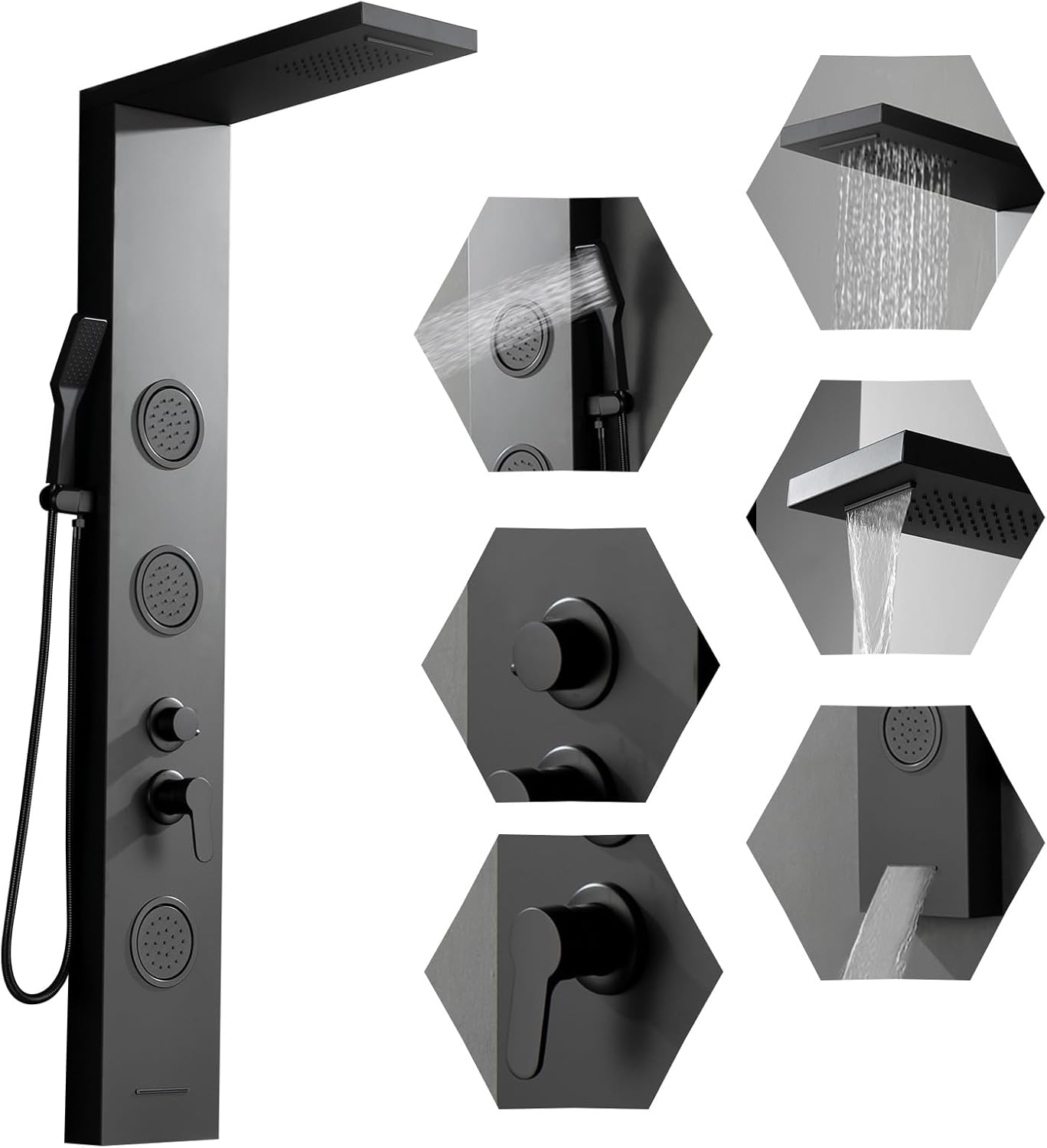 BWE 5 IN1 Stainless Steel Shower Panel Black Tower System with Rainfall ...