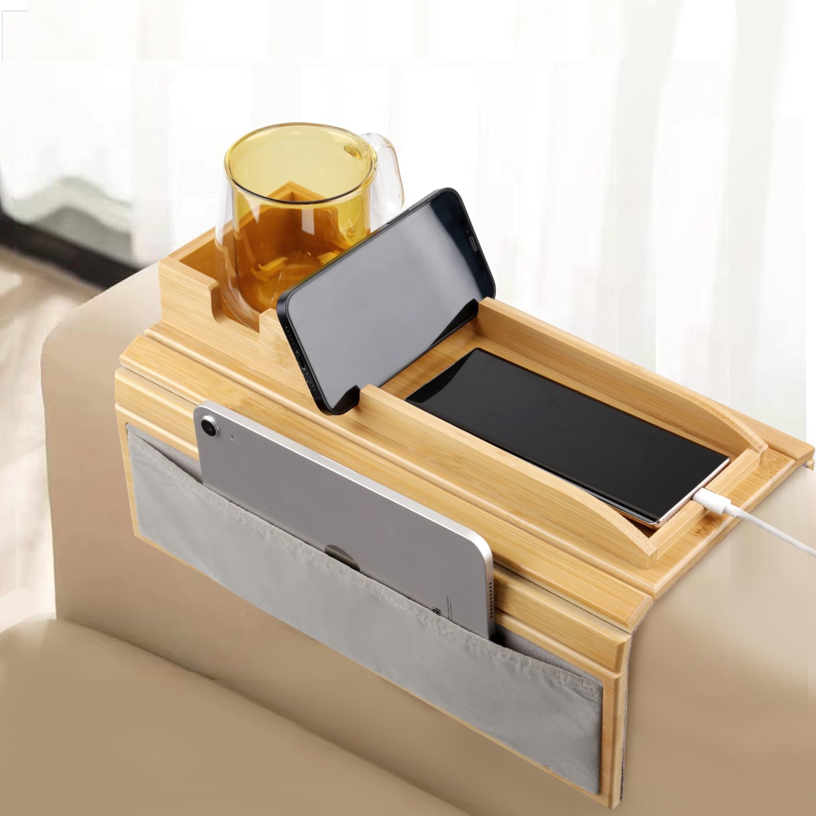 Amazon.com: Bamboo Couch Cup Holder with Side Storage Pocket & Phone Holder - Non-Slip Sofa ...