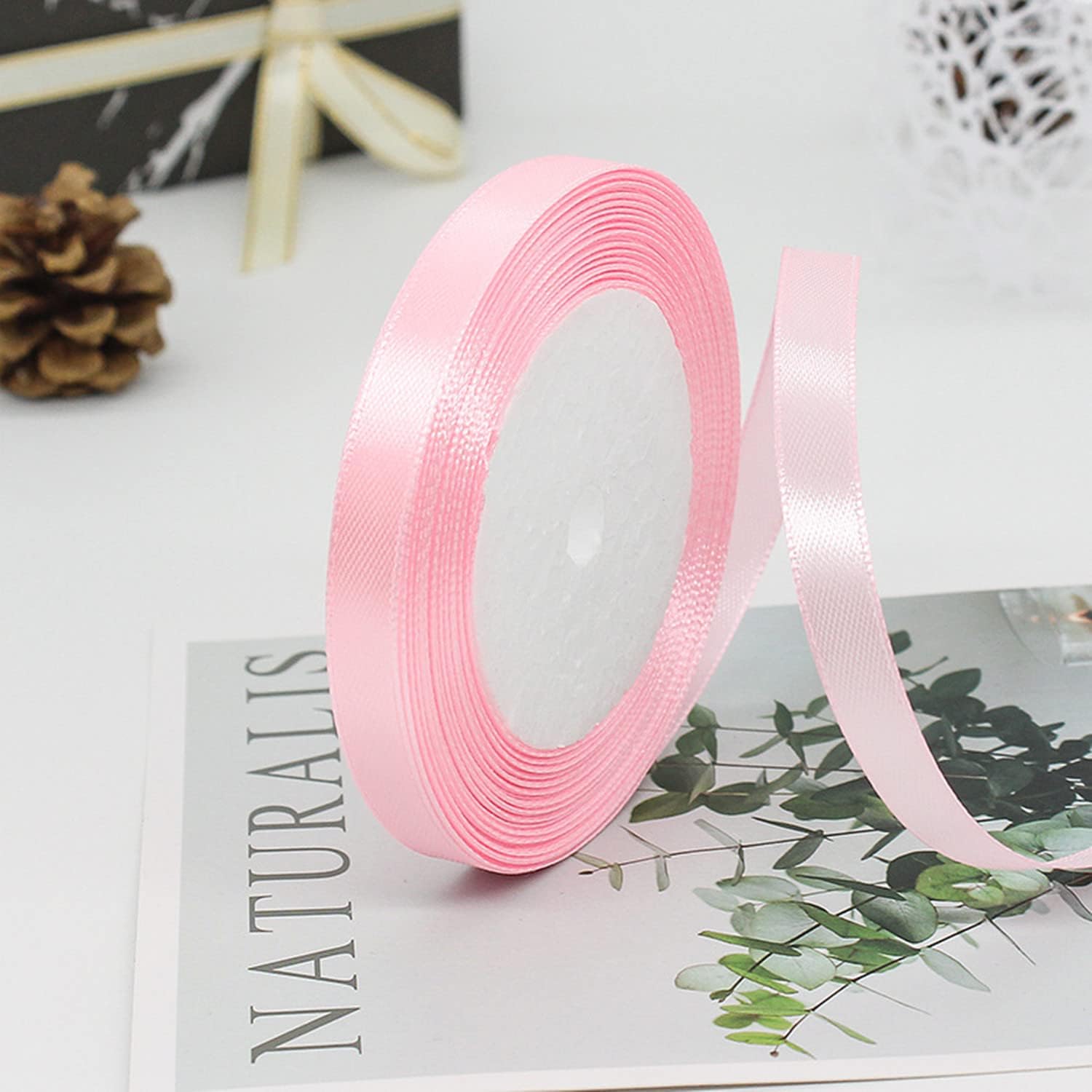 ZHIHUI Pink Satin Ribbon 10mm, 22 Meters Solid Colors Fabric Ribbon ...
