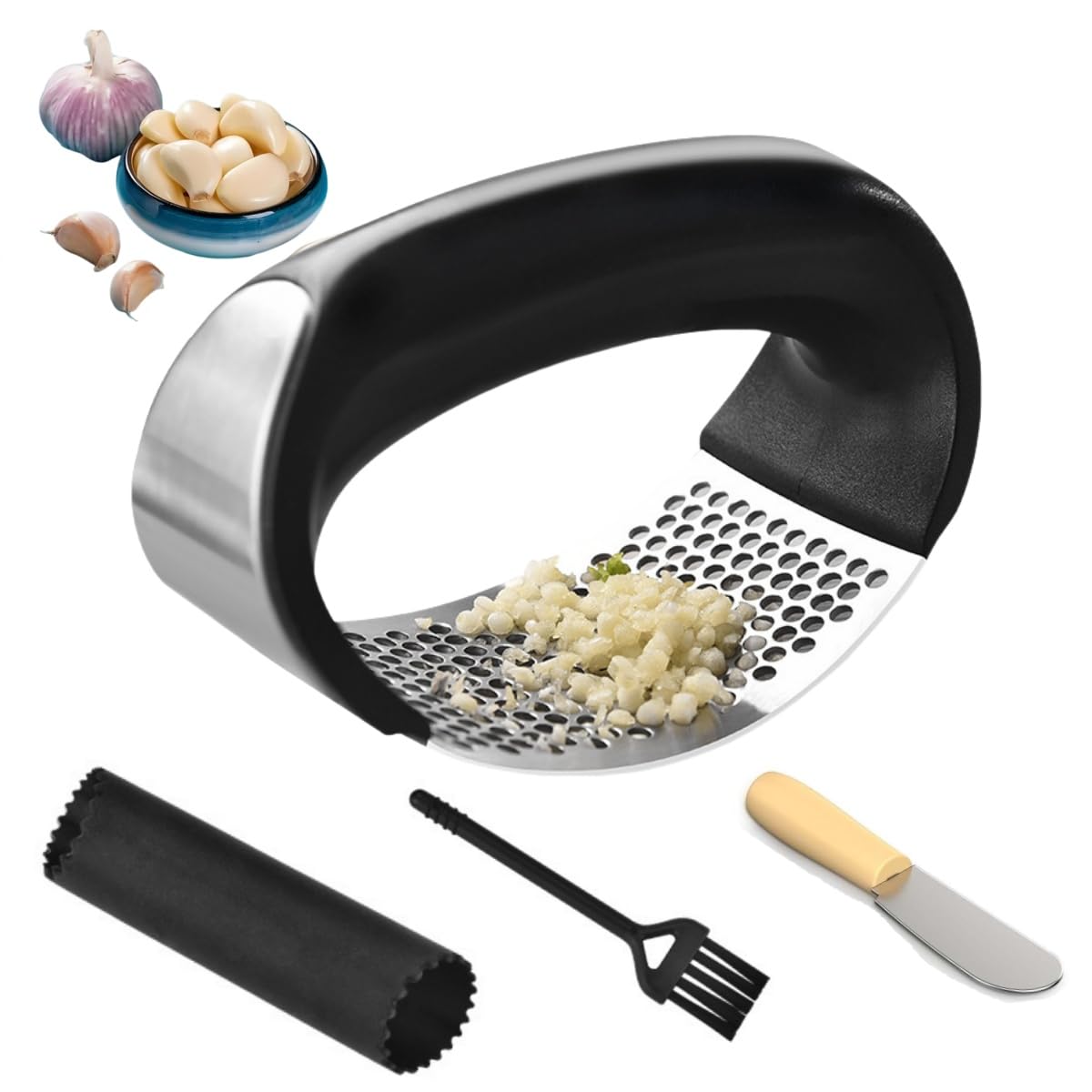 Garlic Press Rocker Stainless Steel Garlic Mincer, Garlic Presser Set ...
