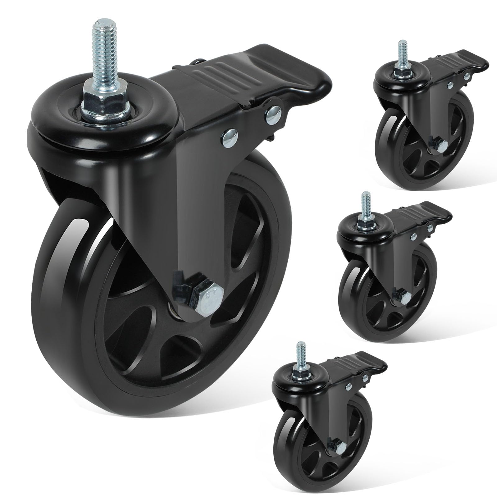 Caster Wheels 5 Inch, Swivel Threaded Stem Casters Set of 4 Heavy Duty ...