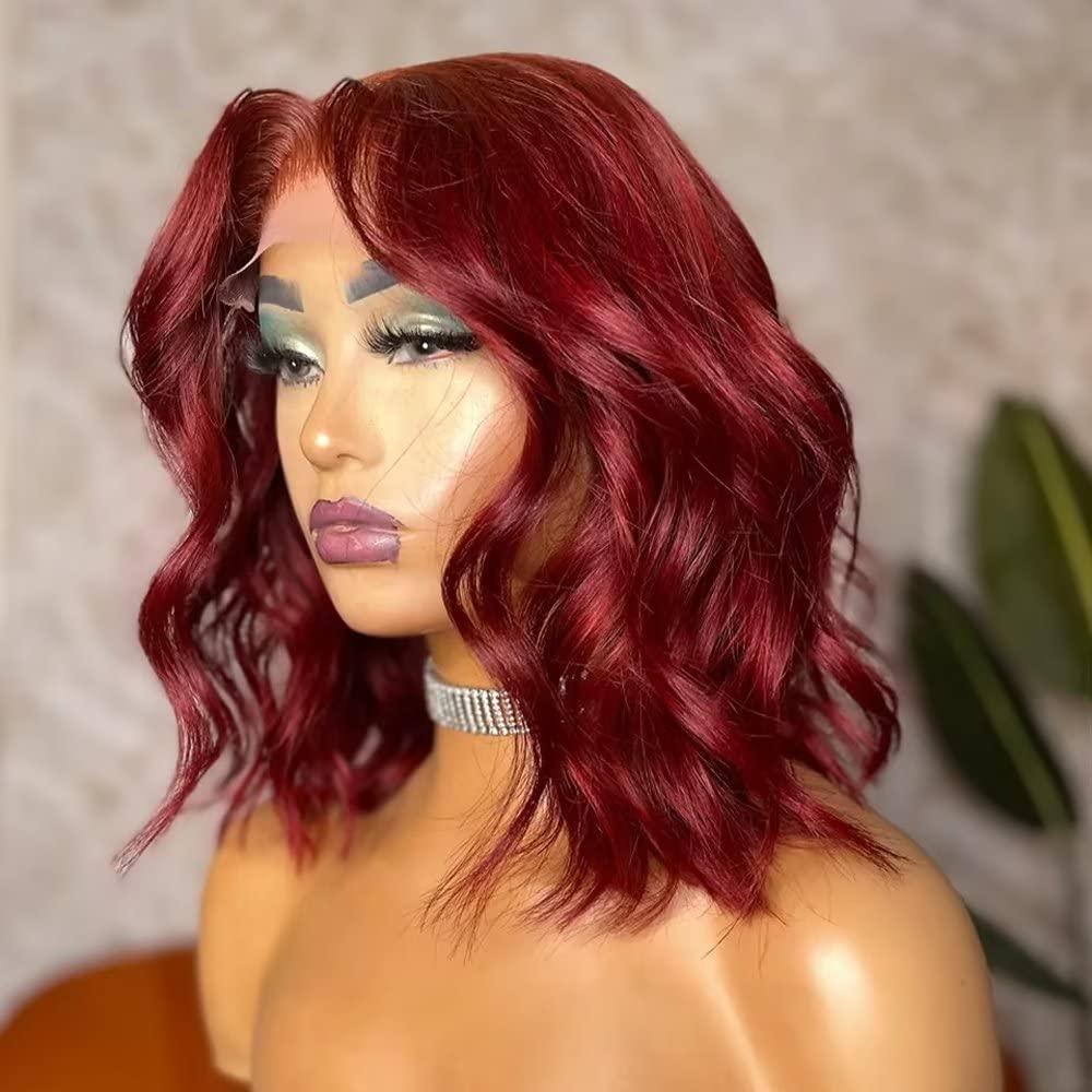 Amazon.com : Burgundy Red Body Wave 13x4 Short Bob Wig Colored Human ...
