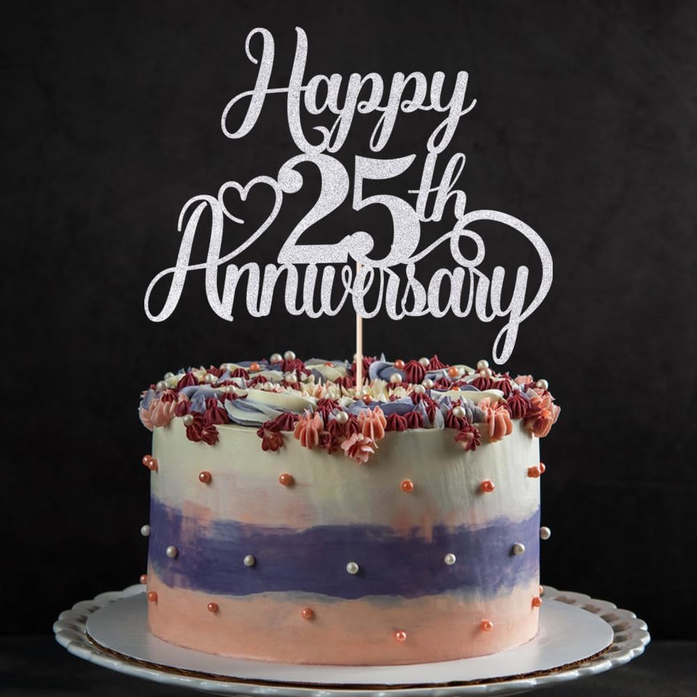 Amazon.com: Auteby Happy 25th Anniversary Cake Topper，25th Anniversary ...