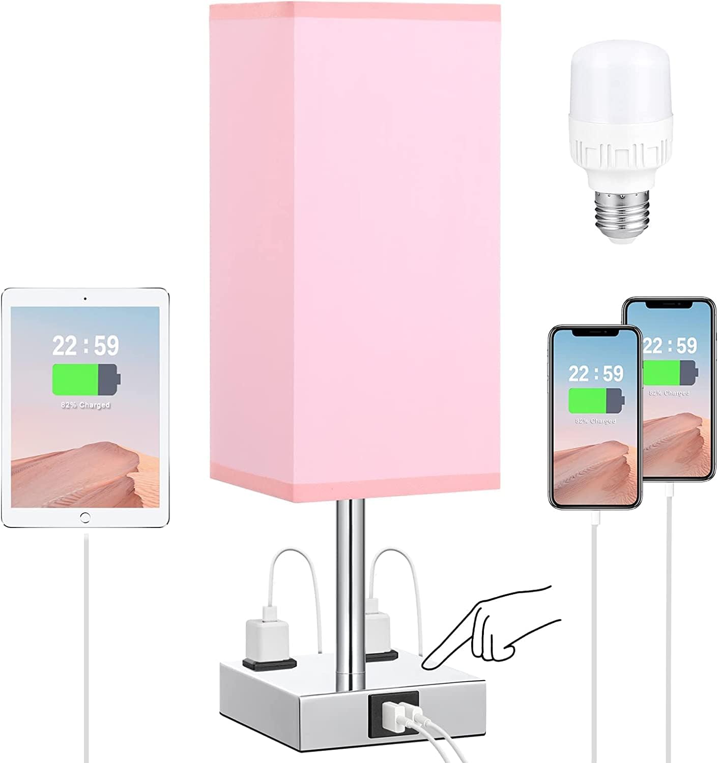 Bedside Lamp with USB Port and Outlet, 3-Way Dimmable Touch Lamp with ...