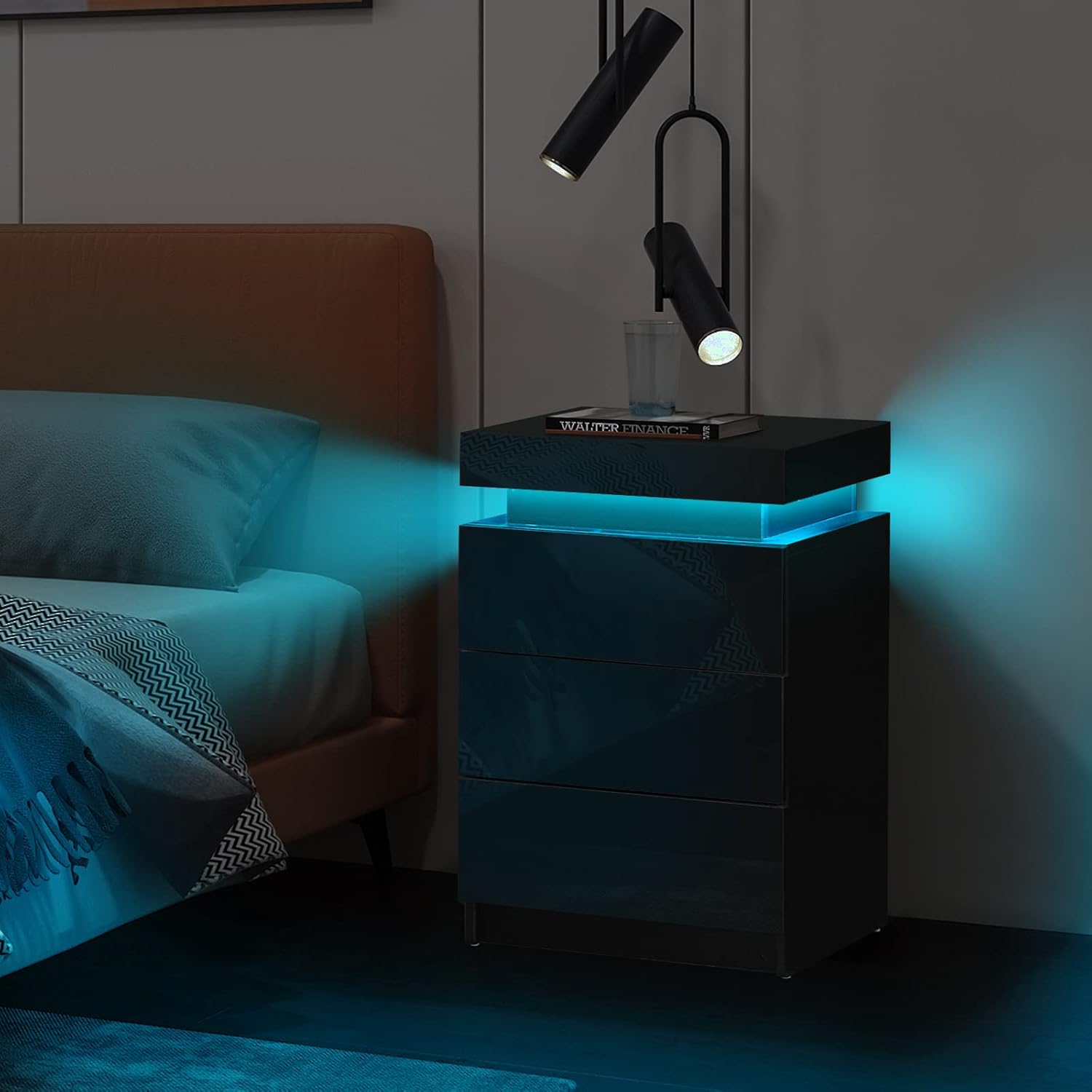 TUKAILAi Black Bedside Table with 3 Drawers and Top Storage, with LED ...