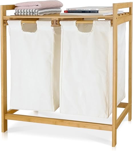 Amazon.com: Daimix Double Laundry Hamper with Shelf, Wood Laundry ...