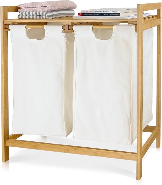 Amazon.com: Daimix Double Laundry Hamper with Shelf, Wood Laundry ...
