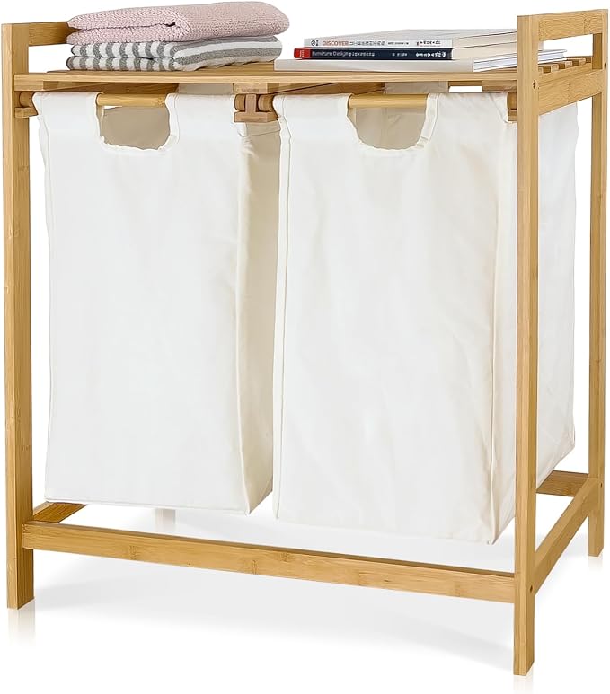 Amazon.com: Daimix Double Laundry Hamper with Shelf, Wood Laundry ...