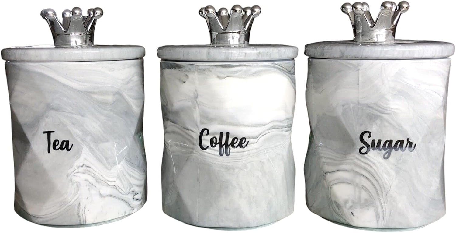 Silver Petals - Set of 3 Ceramic Coffee Tea Sugar Canisters Container ...