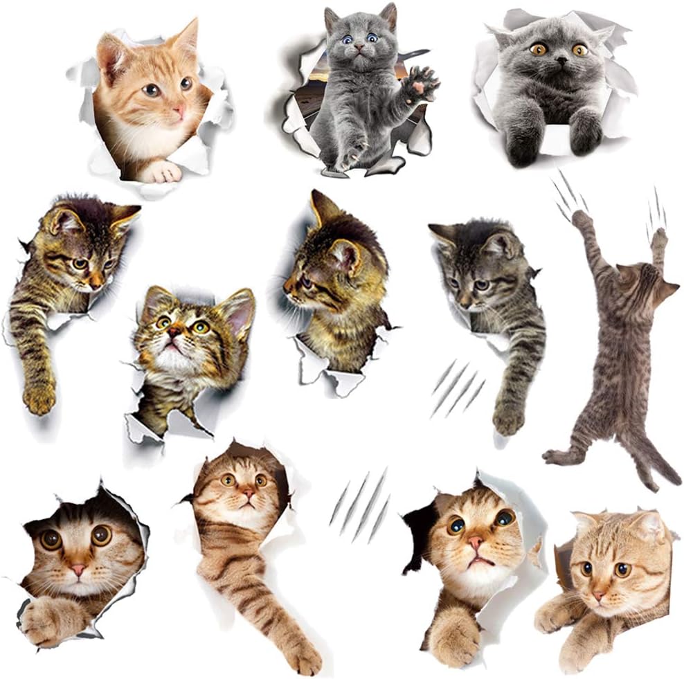 WMdecal 12PCS Removable 3D Cartoon Animal Cats Vinyl Wall Stickers Easy ...