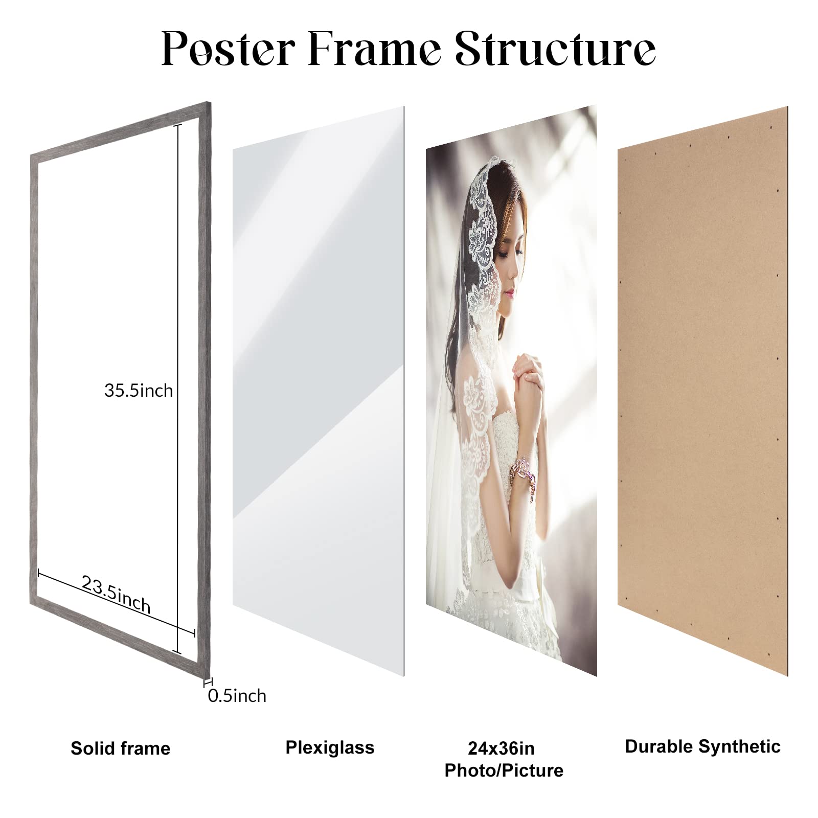 Rustic Grey 24x36 Poster Frame, Natural 36 x 24in Picture Frame Gray, Extra Large 24 by 36in ...