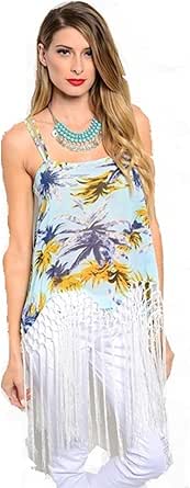 Blue white yellow fringe top (Medium) at Amazon Women’s Clothing store