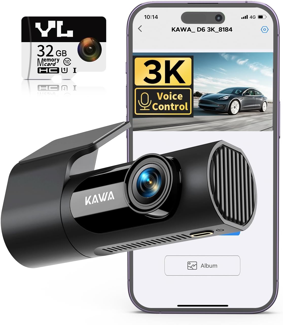 KAWA Dash Cam 3K, Mini Front Dash Camera for Cars, Smart Voice Control, 1620P QHD, Built in WiFi ...