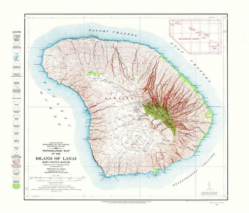 1925 Topo Map of Island of Lanai Hawaii (Material: 16"x20"Matte)