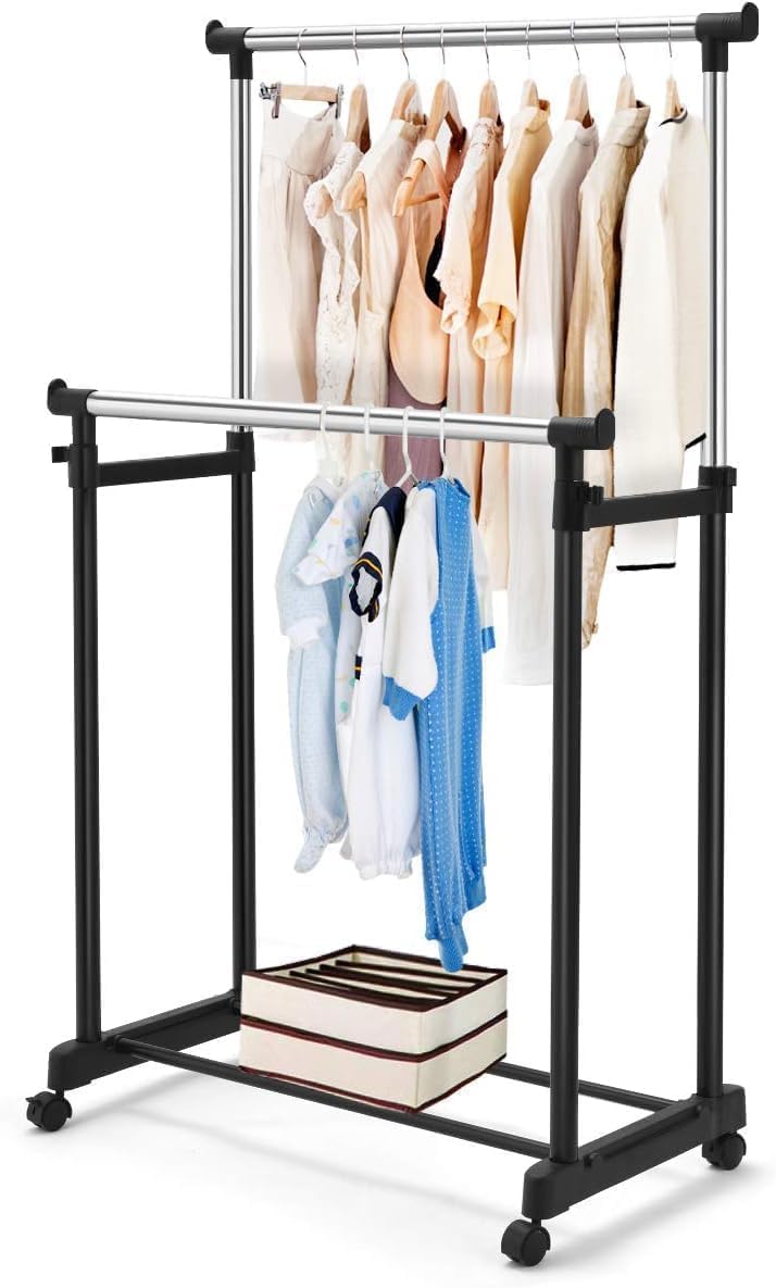 Uniquewings Double Pole Portable Clothing Hanging Garment Rack Laundry ...