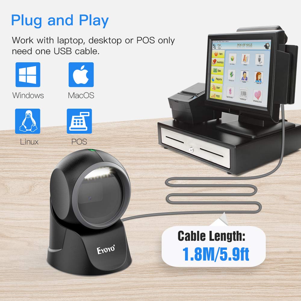 Barcode Scanner 2D Desktop Omnidirectional Hands-Free Wired USB Big Barcode Reader 1d Qr Screen ...