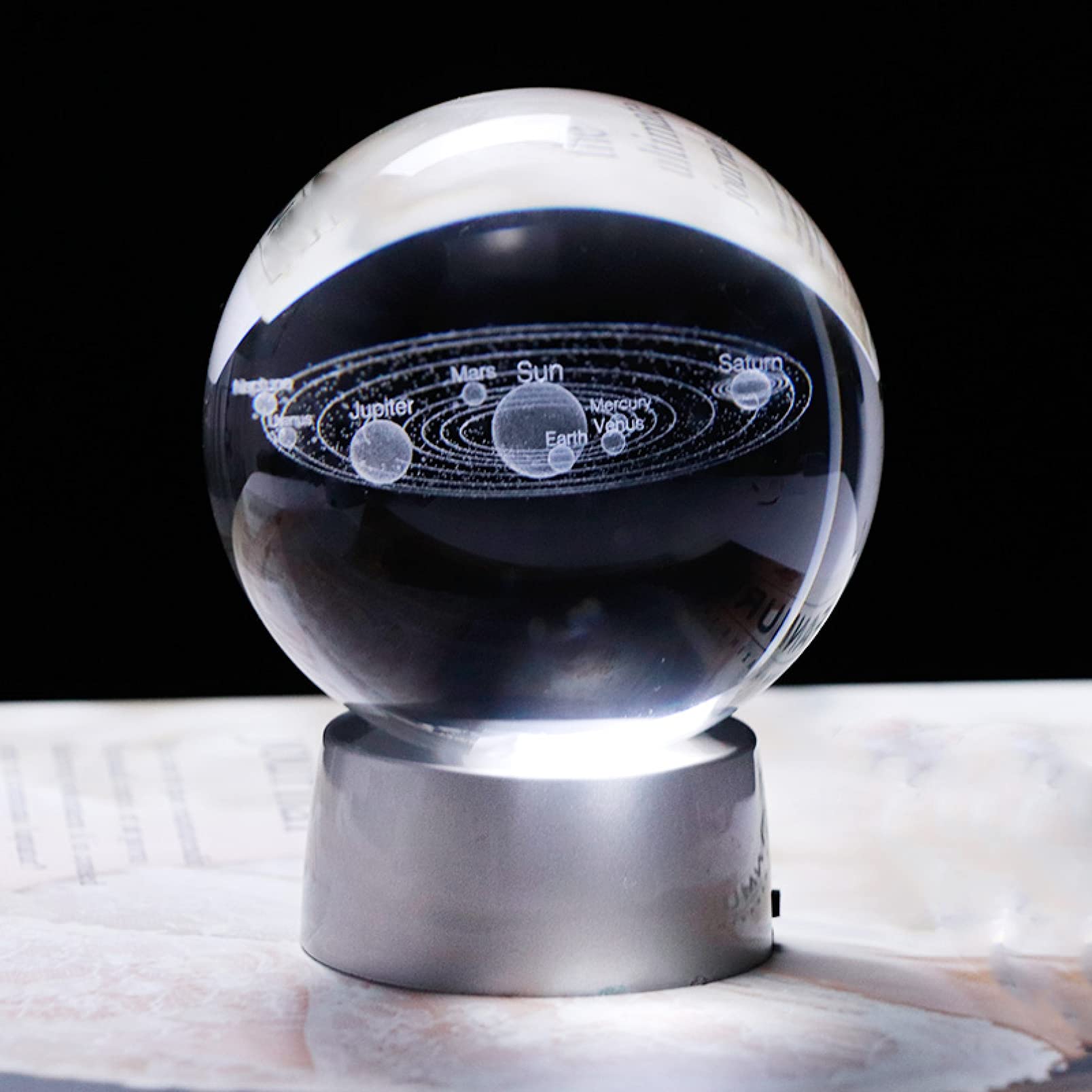 Solar System Glass Paperweights 3D Solar System Crystal Ball With Wood
