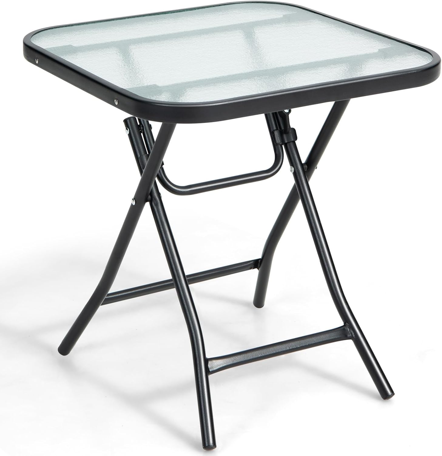 DORTALA Patio Side Table, Metal Folding End Table with 18 Inch Tempered ...