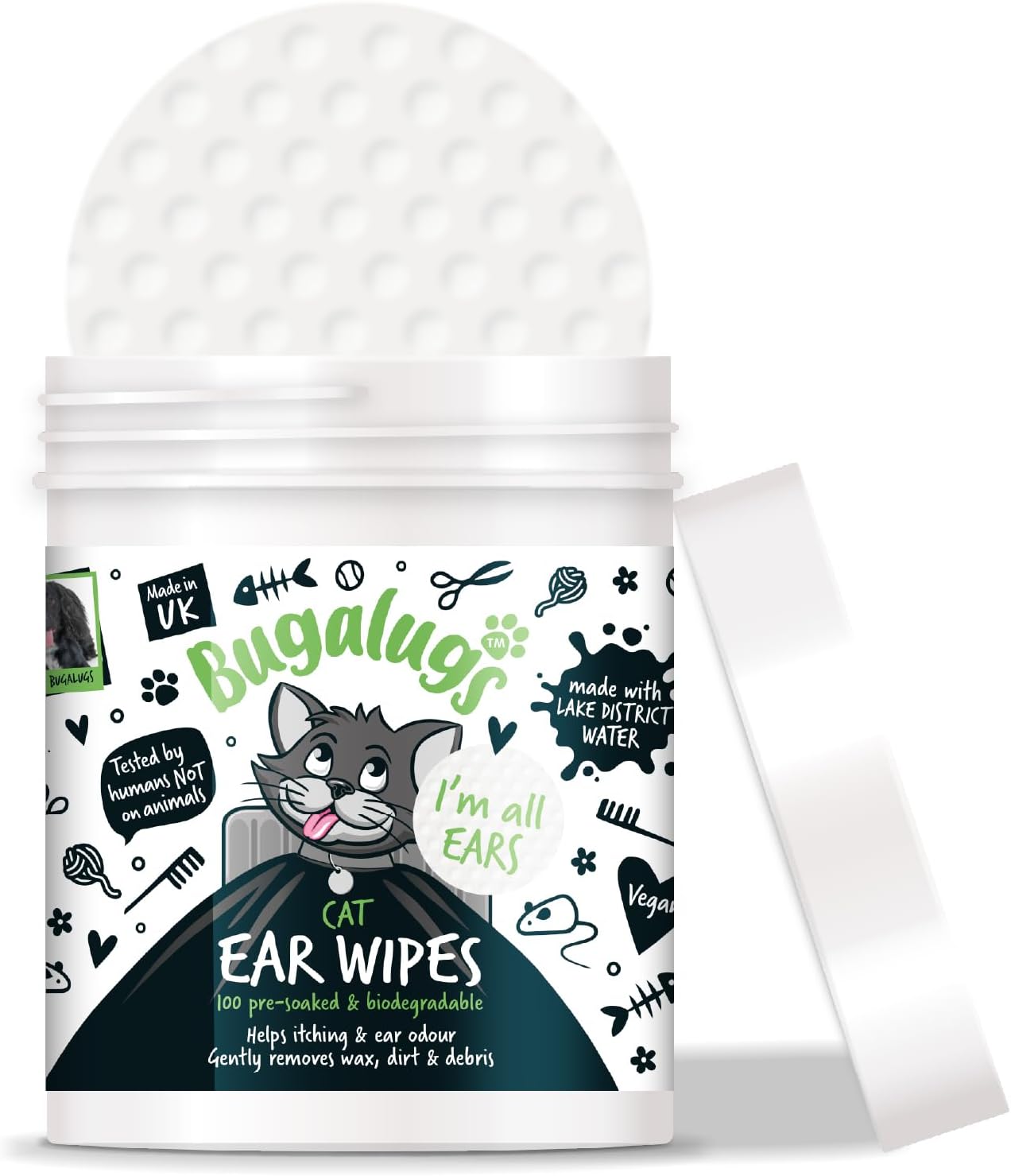 BUGALUGS Cat Ear Cleaner Cat Wipes 100 Biodegradable textured pre ...