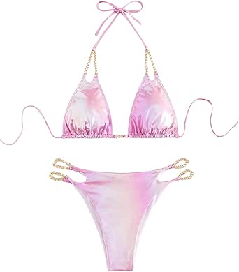 Amazon.com: SweatyRocks Women's 2 Piece Metallic Bathing Suit Halter ...