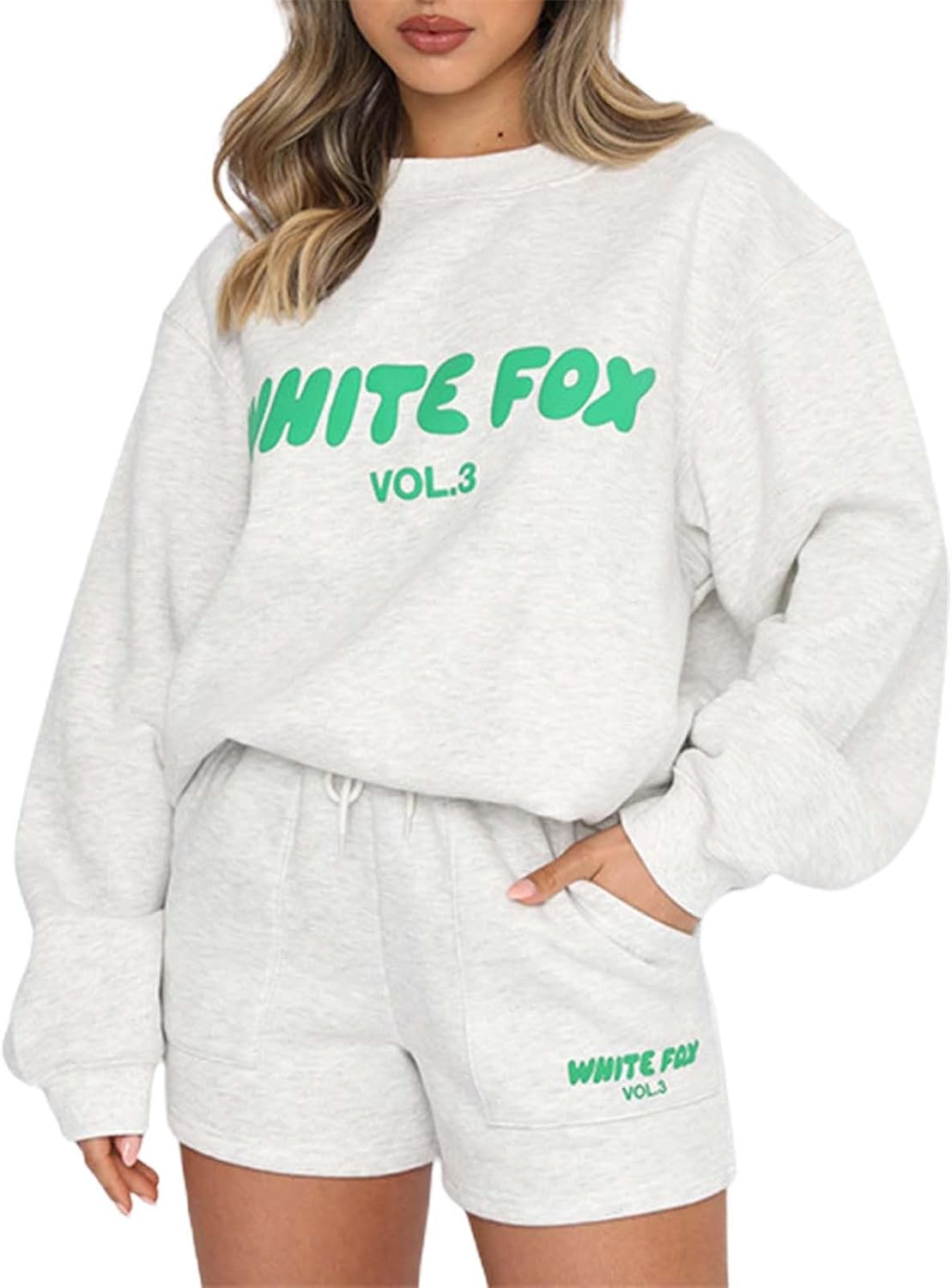 White Fox Hoodie Tracksuit - Women's 2 Piece Outfit Sweatsuit Plain Set ...